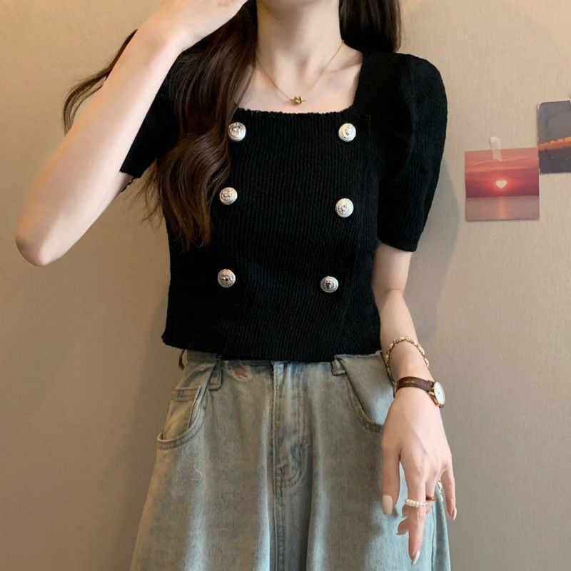 Jual BEE - KT27 Atasan rajut wanita Knit top model Kancing Lengan Balon ...