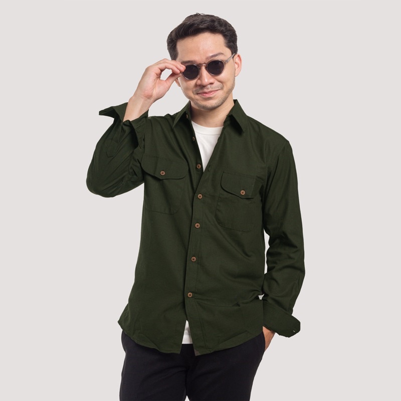 Jual Kemeja Polos Pria WOODCUTTER Basic Work Shirt Olive Green - Double Pocket Kantong 2 ...