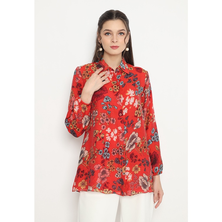 Jual Kemeja Merah Lengan Panjang Motif Kembang Bahan Silk Arlette By ...
