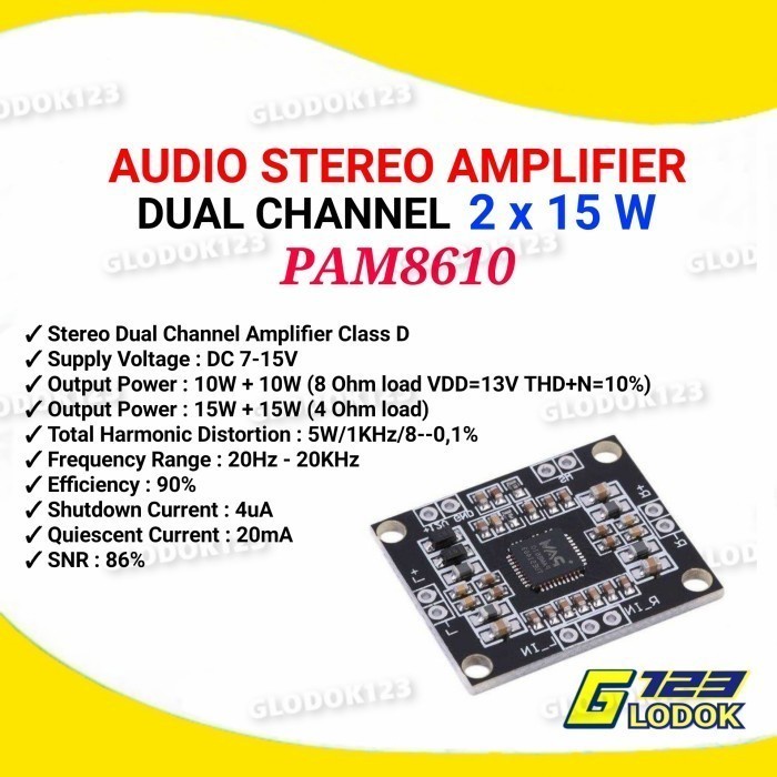 Jual Modul Stereo Amplifier Audio Dual Channel 2x15W Class D PAM8610 ...