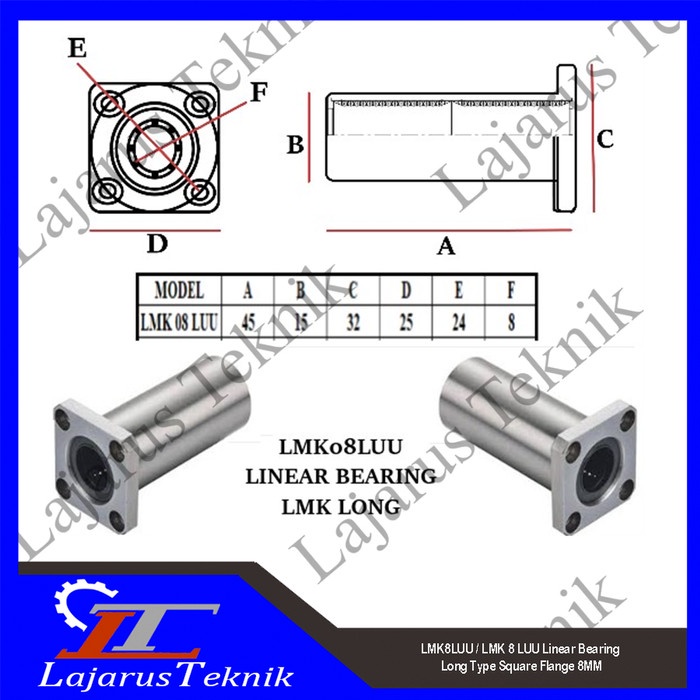 Jual LMK8LUU / LMK 8 LUU Linear Bearing Long Type Square Flange 8MM ...
