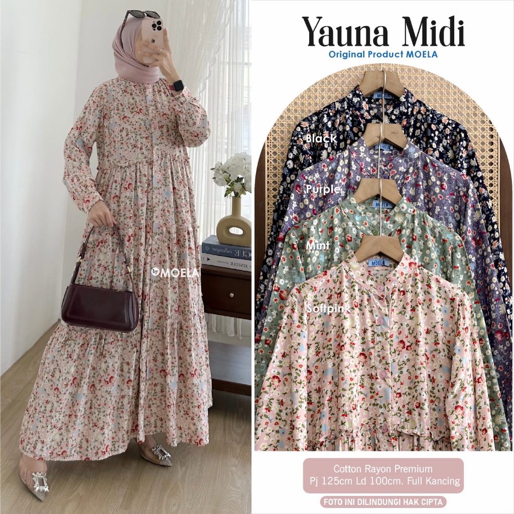 Jual YAUNA MIDI DRESS / GAMIS WANITA 4 WARNA CANTIK ORIGINAL BY MOELA ...