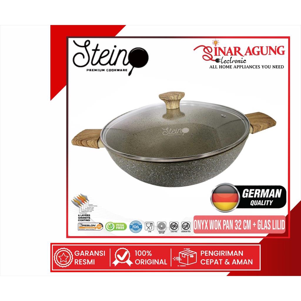 Jual [COD] STEIN COOKWARE ONYX WOK PAN 32 CM PLUS GLASS LID 2 HANDLE ...