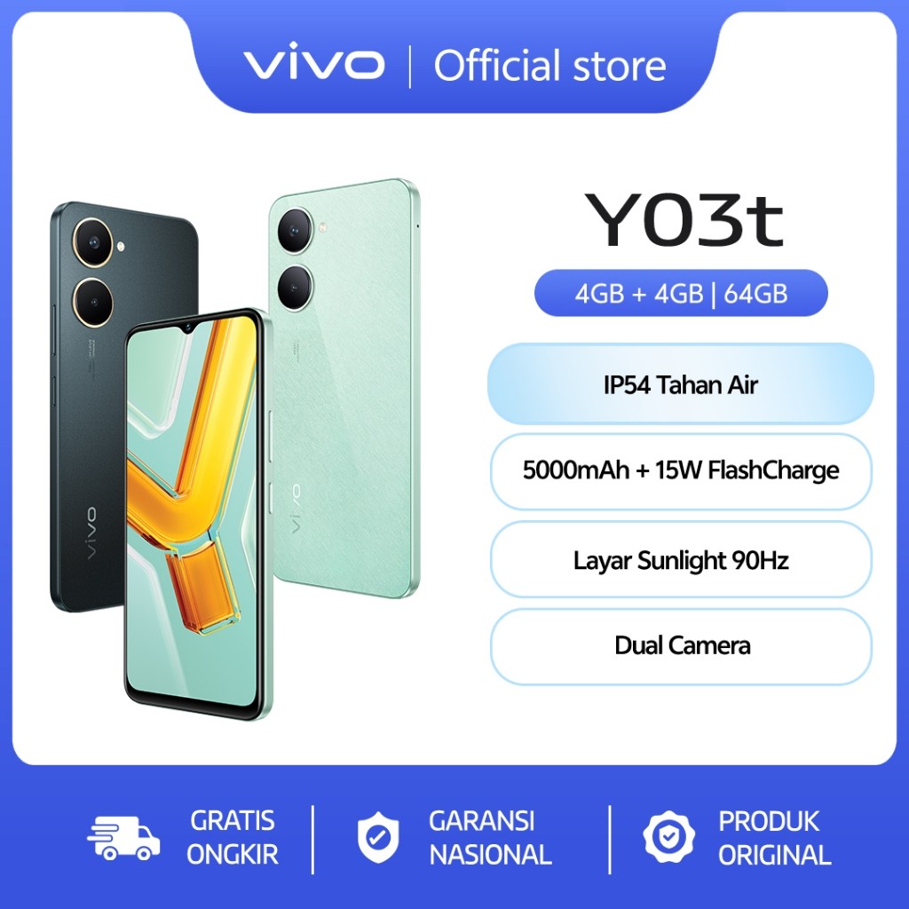 Jual VIVO Y03t (4+64) - IP54 Tahan Air, AI Dual Camera 5000mAh + 15W ...