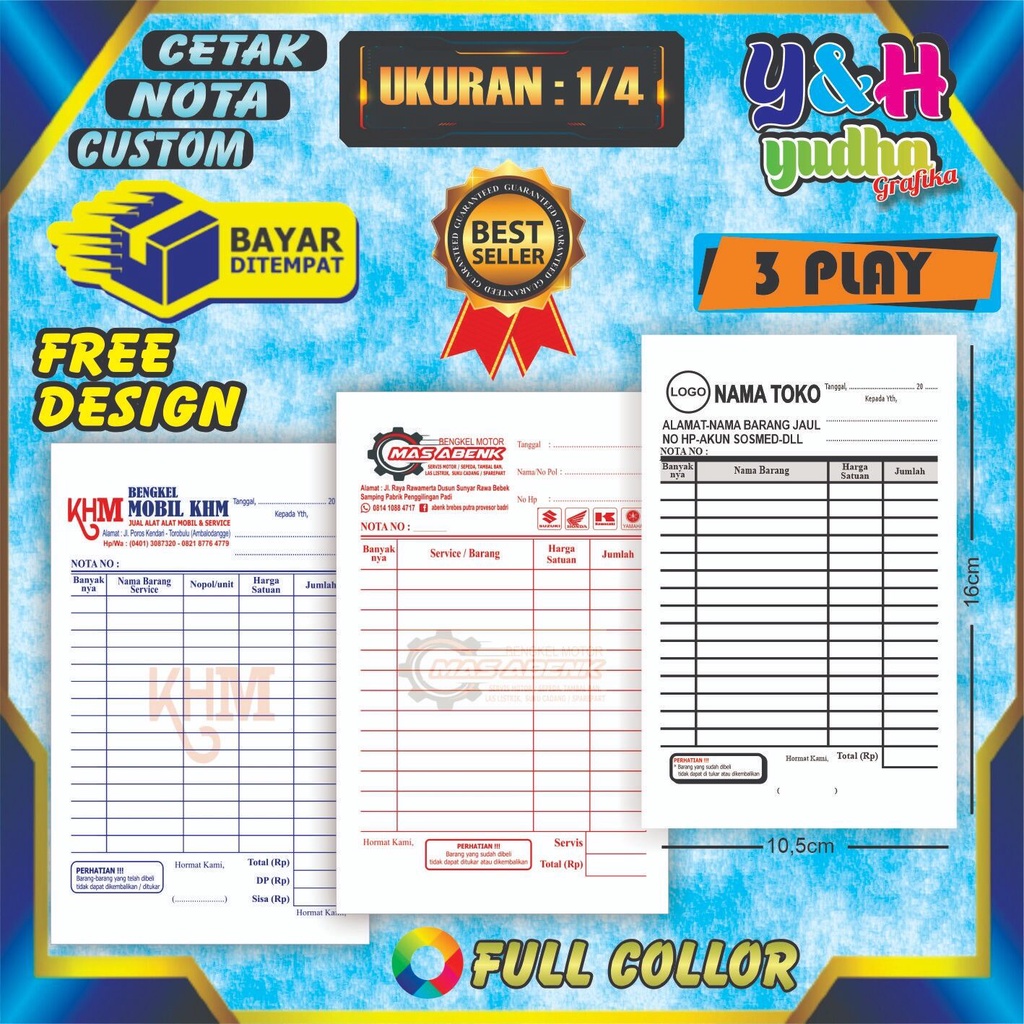 Jual Cetak Nota Costum 1/4 3 Ply Gratis Desain Gratis Logo Bebas Nama ...