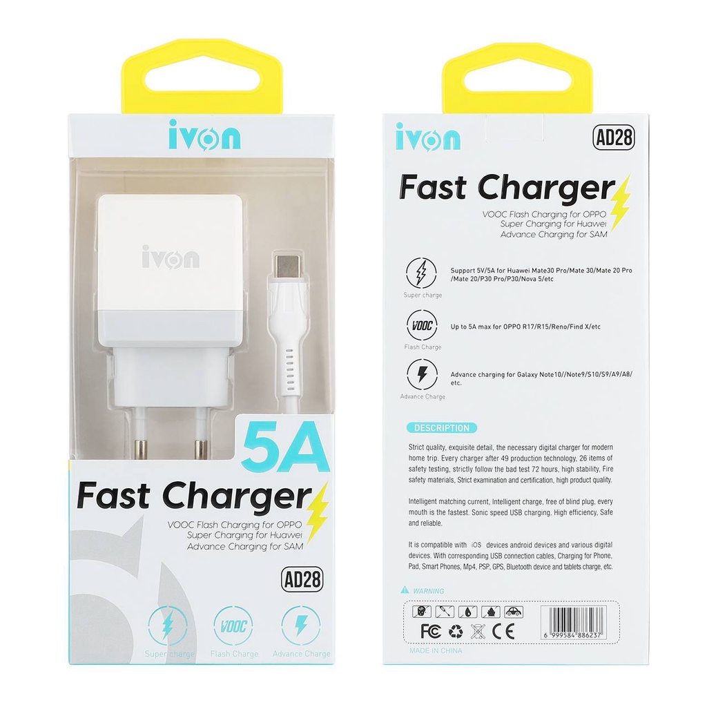 Jual iVON Fast Charger 5A Super Charging USB Type-C VOOC Flash Kepala ...
