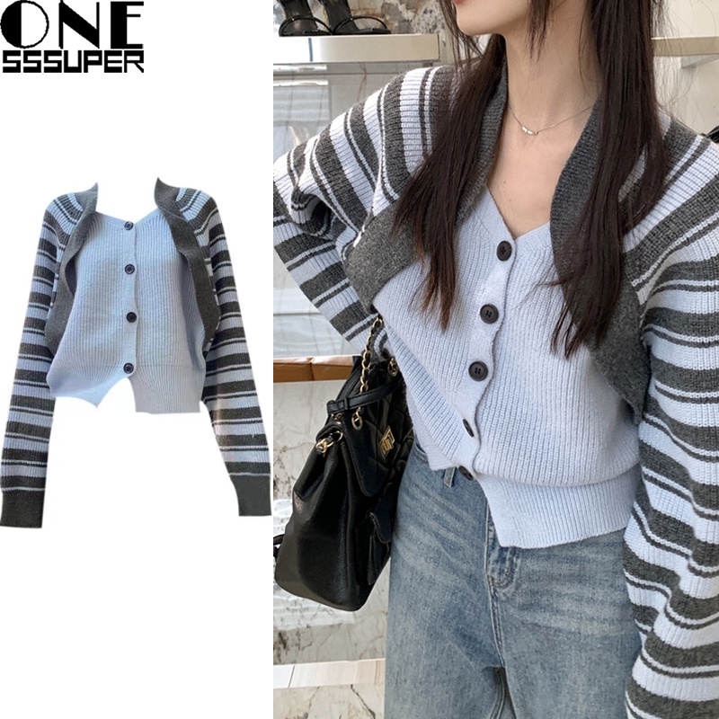 Jual Sweater rajut wanita ala korea Atasan rajutan lengan panjang kerah v retro kardigan rajutan ...