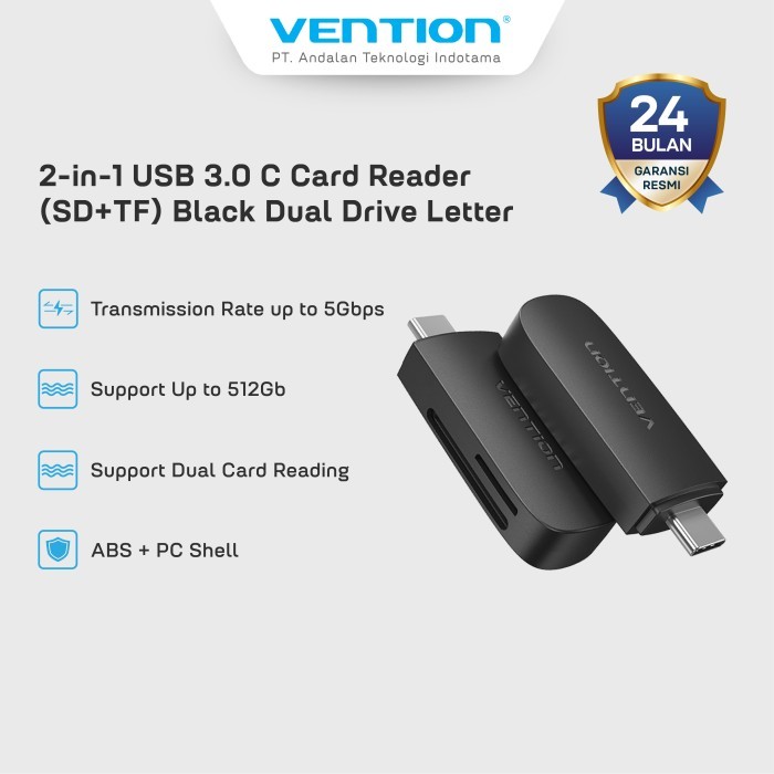 Jual Vention Card Reader 2 in 1 USB 3.0 C SD TF Dual Drive Letter - CLH ...