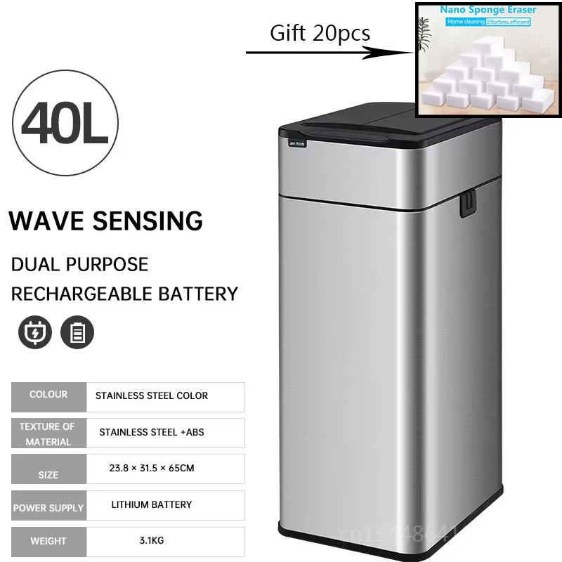 Jual 40L Automatic Sensor Trash Can Stainless Steel Large Trash Bin ...
