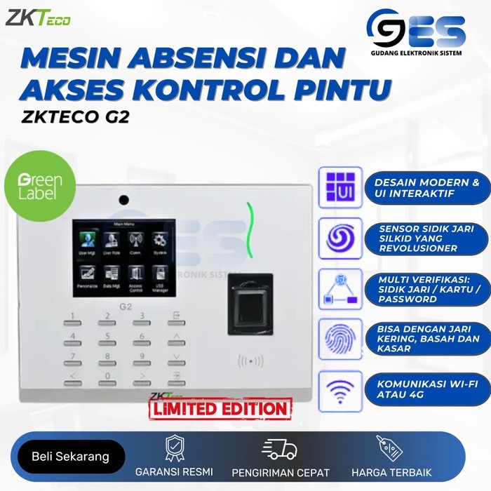 Jual Mesin Absensi Sidik Jari dan Kartu ZKTeco G2 Green Label Bergaransi | Shopee Indonesia