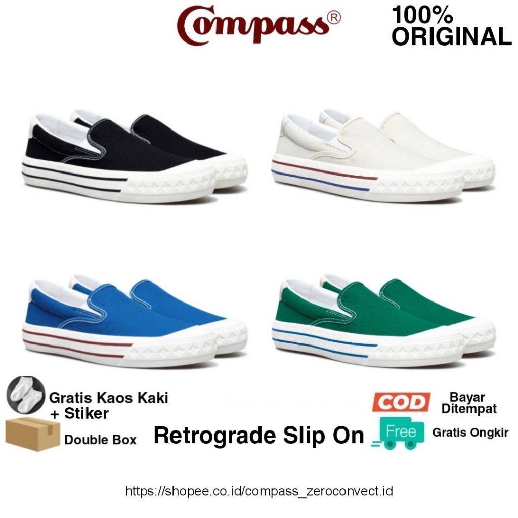 Jual [ORIGINAL] Compass Retrograde Slip On Black White / Cream / Green ...
