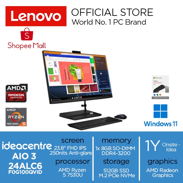 Jual Lenovo IdeaCentre AIO 3 24ALC6 QVID Ryzen 5 7530U 8GB 512GB W11 ...