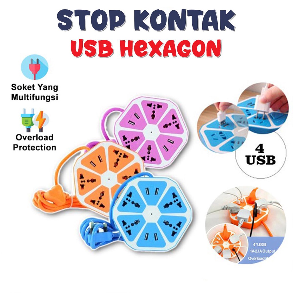 Jual Stop Kontak USB Hexogan / Terminal Colokan Listrik 4 Lubang USB ...