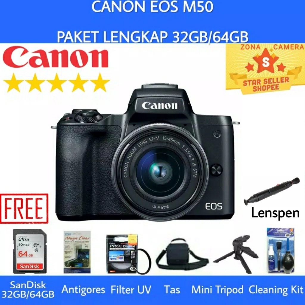 Jual CANON EOS M50 / CANON M50 KIT 15-45MM IS STM WIFI ORIGINAL - PAKET LENGKAP | Shopee Indonesia