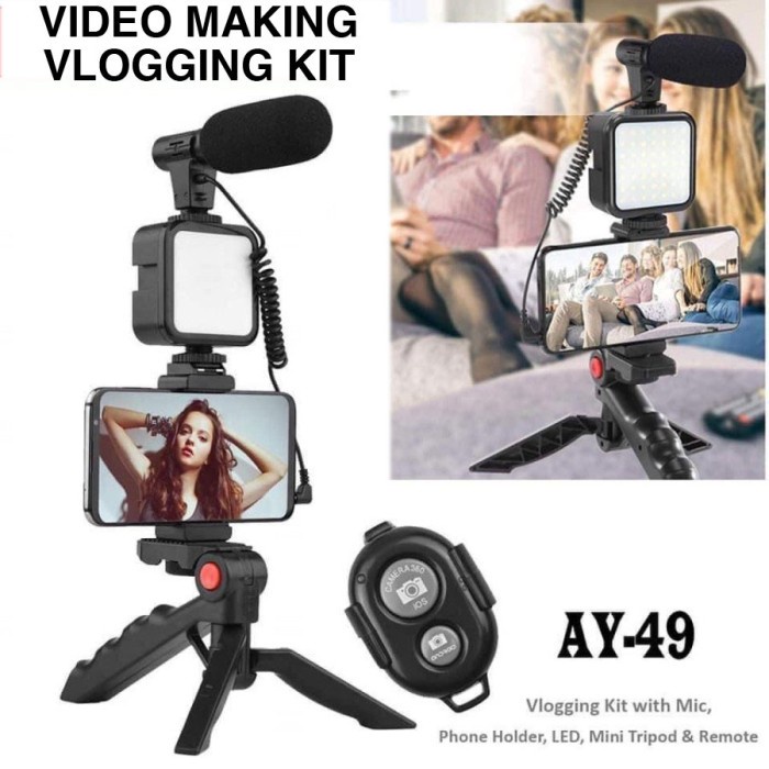 Jual Vlog Tripod Set Vlogging Kit AY-49 Holder HP LED Lightning Shotgun ...