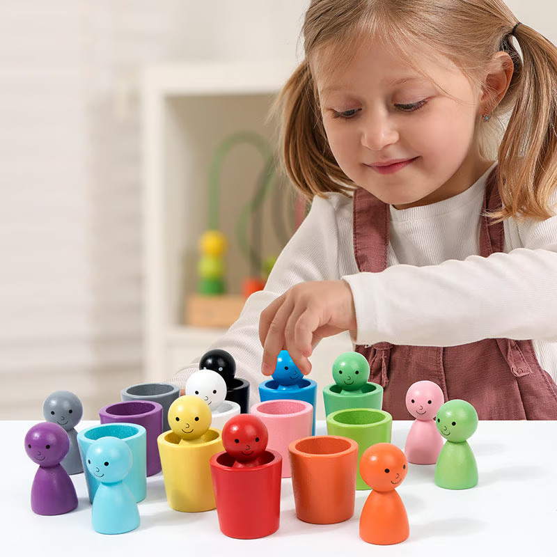Jual Color Sorting Cups Baby Montessori Wooden Toy Rainbow Ball And ...