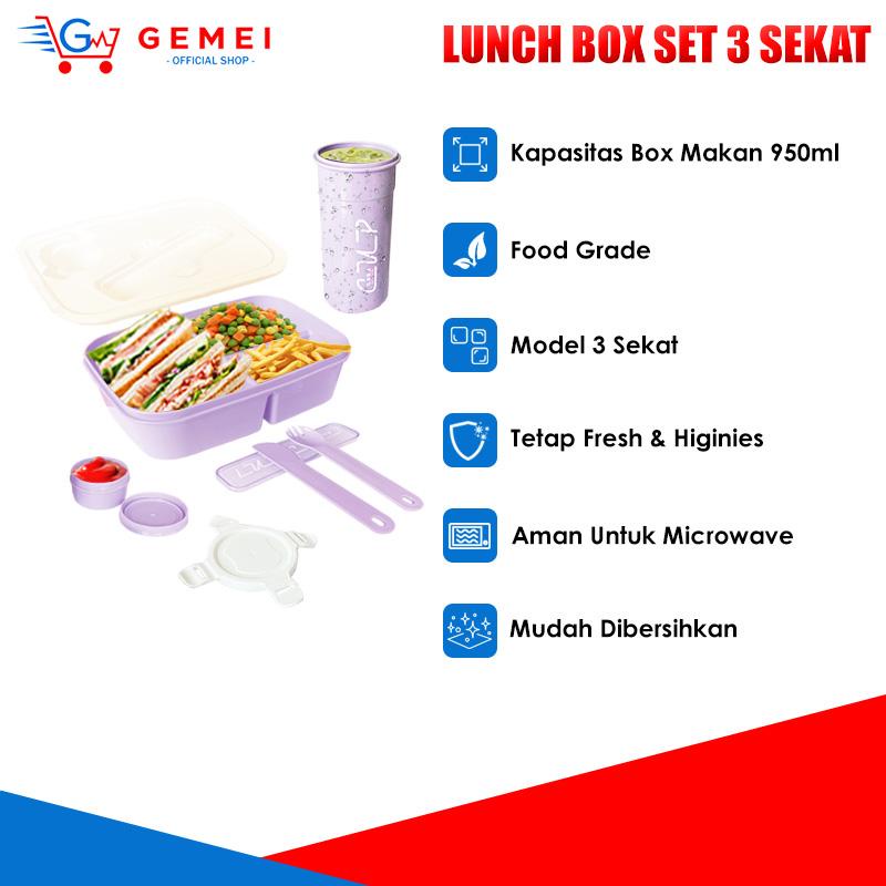 Jual (Gemei) Lunch Box 3 Sekat 1 Set 950 ml Free Botol minum 450 ml Kotak Bekal Tempat Makan Ada ...