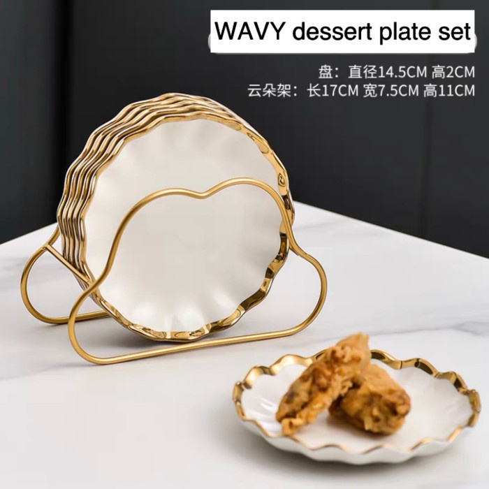 Jual WAVY Dessert Plate set piring kue putih gold set 6 plus rak ...