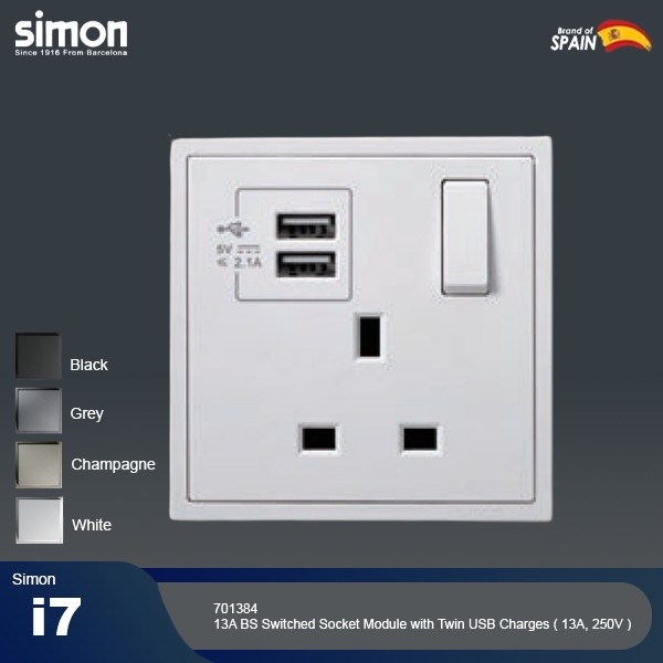 Jual SIMON i7 13A BS Switched Socket Module with Twin USB Charges ...
