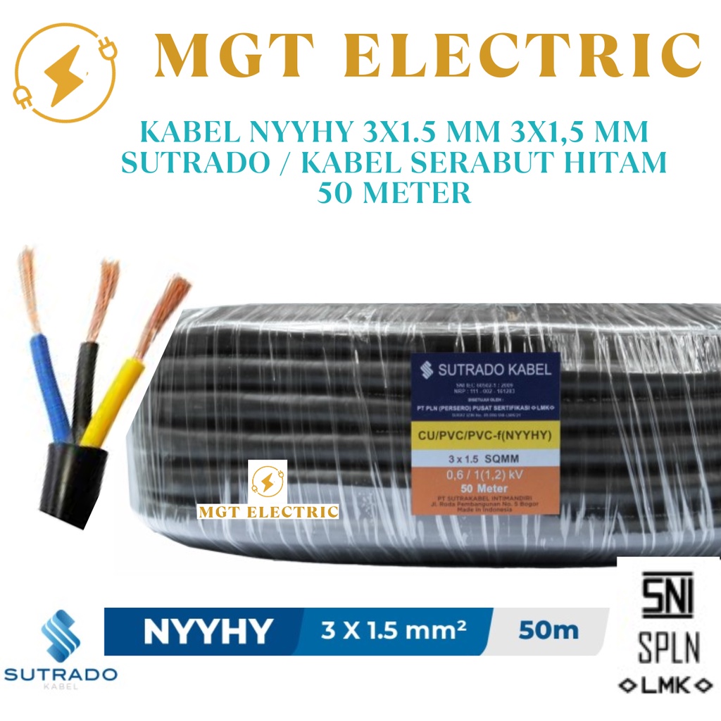 Jual KABEL NYYHY 3X1.5 MM 3x1,5 mm SUTRADO / Kabel Serabut Hitam 50 Meter | Shopee Indonesia