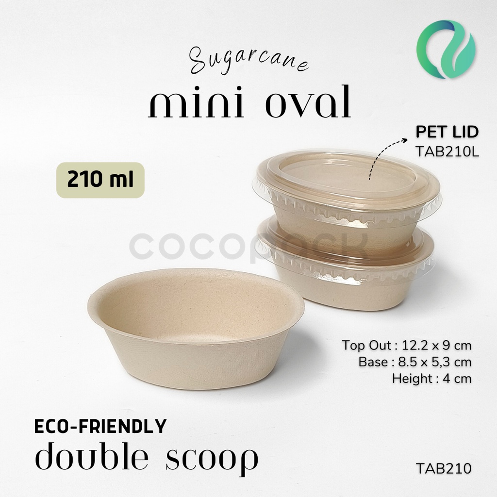 Jual 10 PCS Bagasse Mini Oval Double Scoop Ecofriendly Natural Brown 210 ML with PET Lid ...
