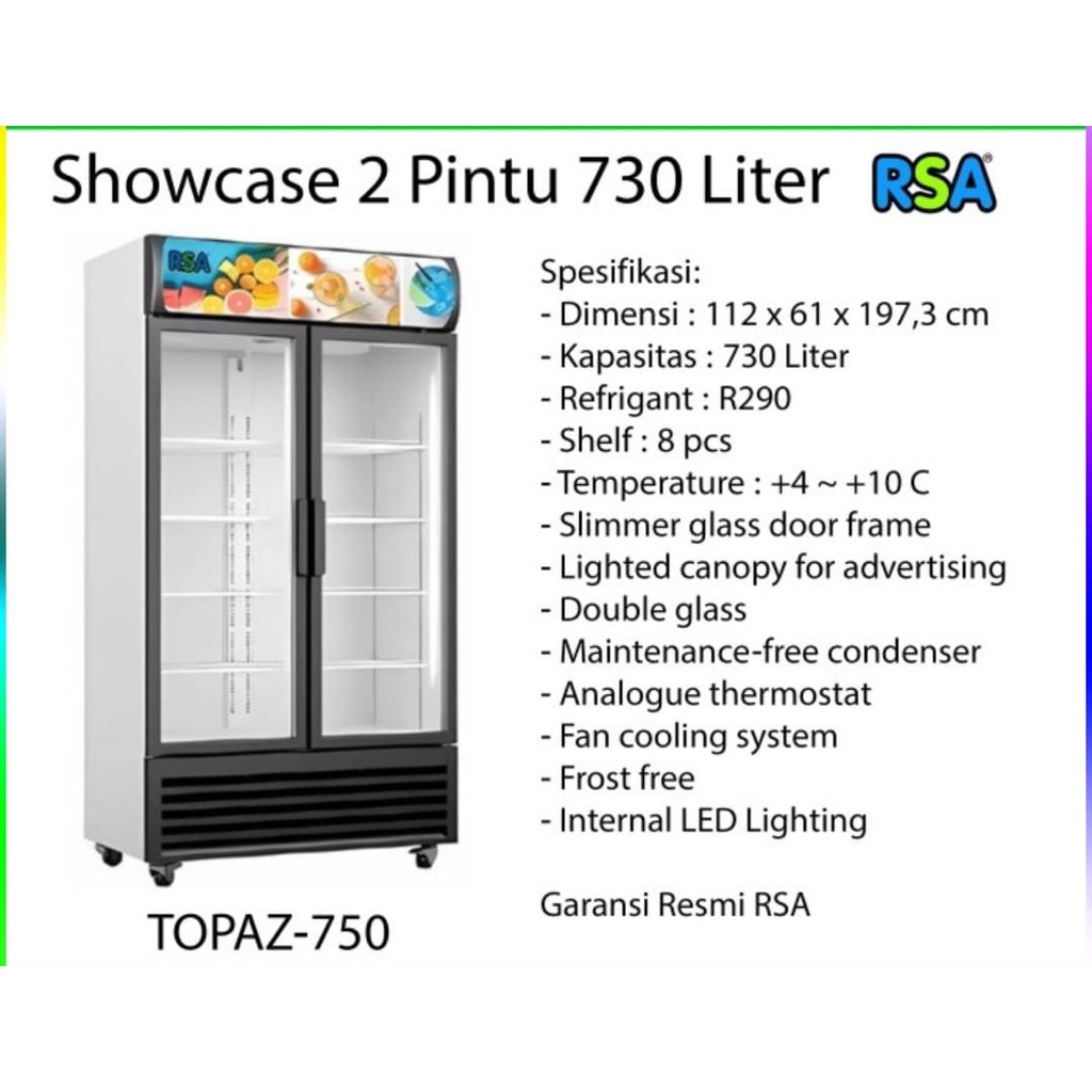 Jual SHOWCASE / DISPLAY COOLER RSA TOPAZ 750 (2 PINTU, 730L) | Shopee ...
