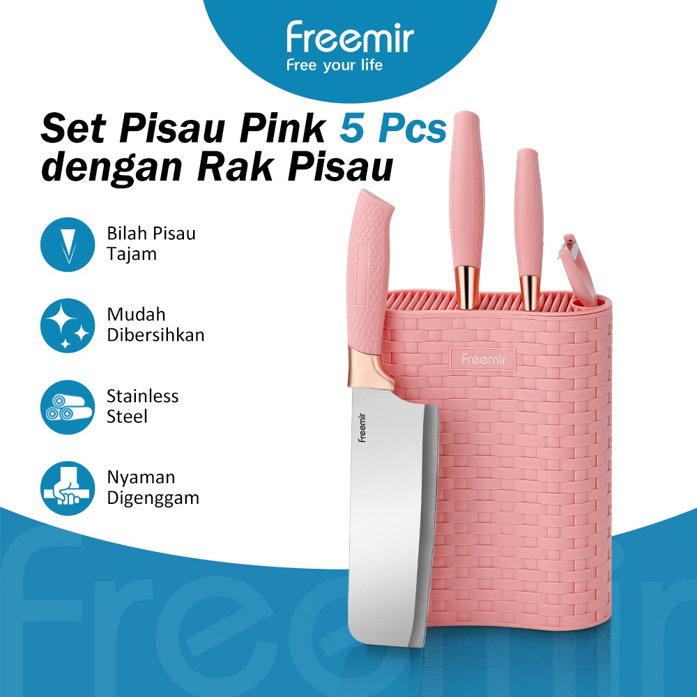 Jual DX39K [BARU] freemir Set Pisau Pink 5 Pcs Stainless Steel Set Rak ...