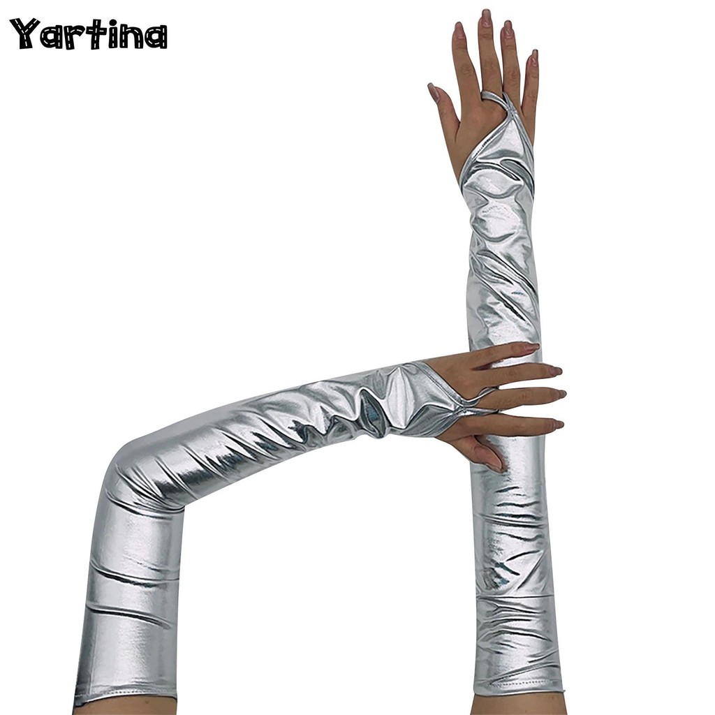 Jual Womens Shiny Metallic Over the Elbow Length Gloves Finger Loops ...