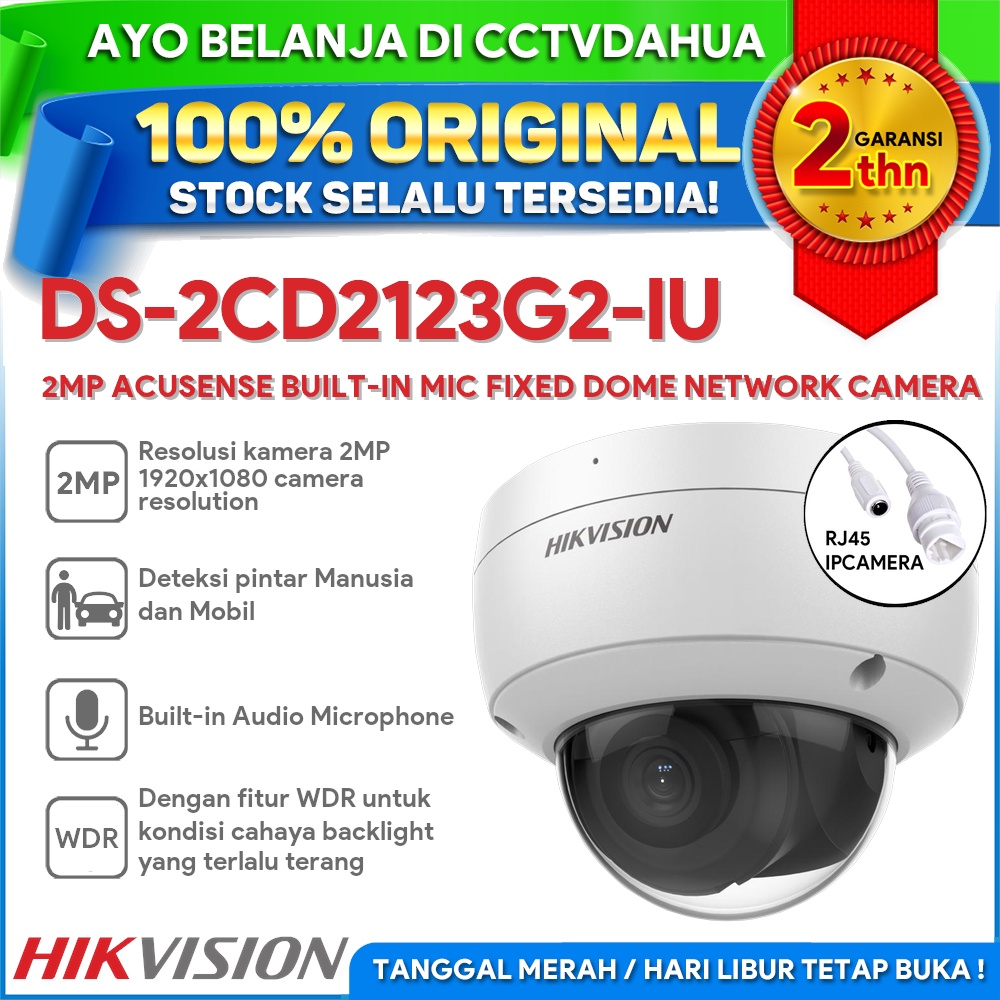 Jual HIKVISION DS-2CD2123G2-IU 2MP H265 ACUSENSE AUDIO WDR DOME IP CAMERA | Shopee Indonesia
