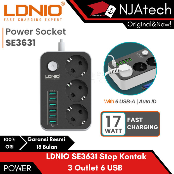 Jual LDNIO SE3631 Stop Kontak Power Socket 3 Socket 6 USB 3.4A Charger Kabel 2 Meter | Shopee ...