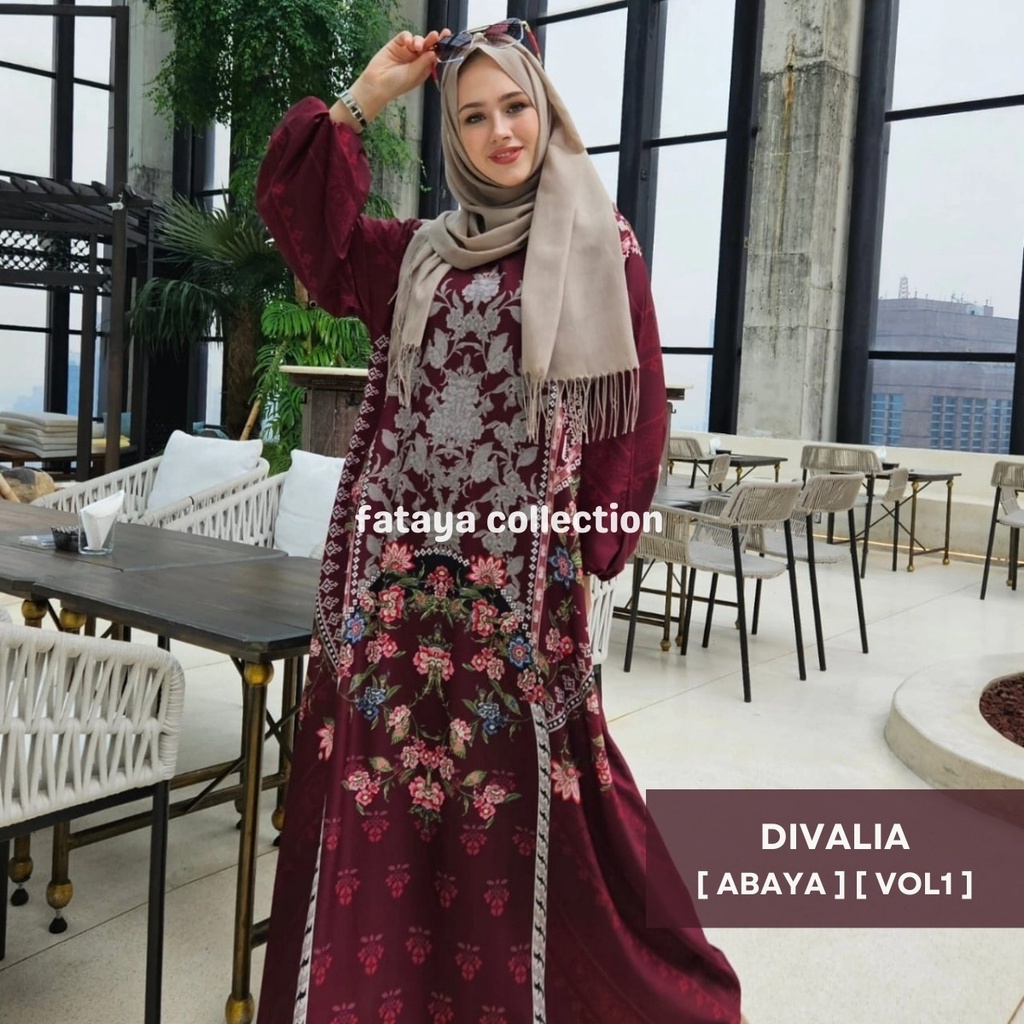 Jual Fataya Collection DIVALIA Abaya Exclusive Maroon Motif Bunga ...
