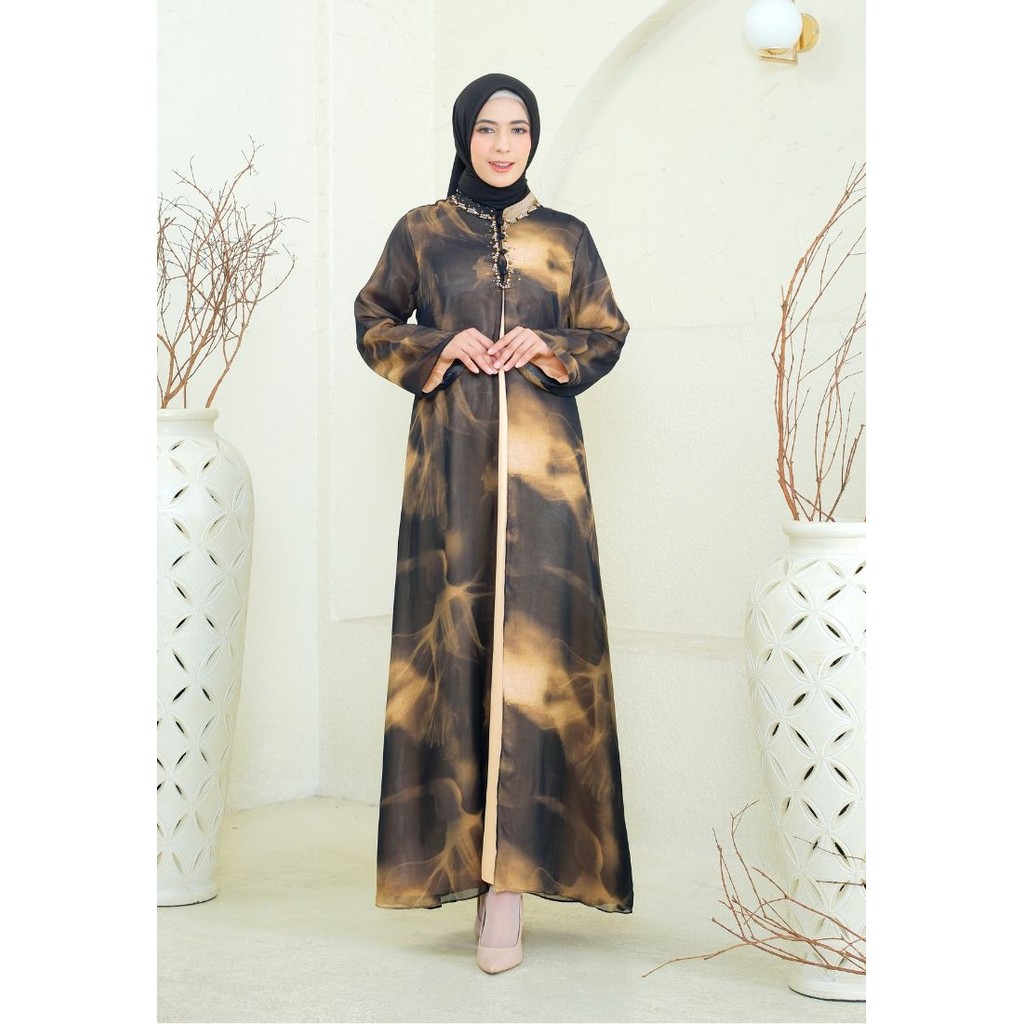 Jual Gamis Lebaran 2025 Sifon Print Hitam Mosleem Long Dress Abtrack ...