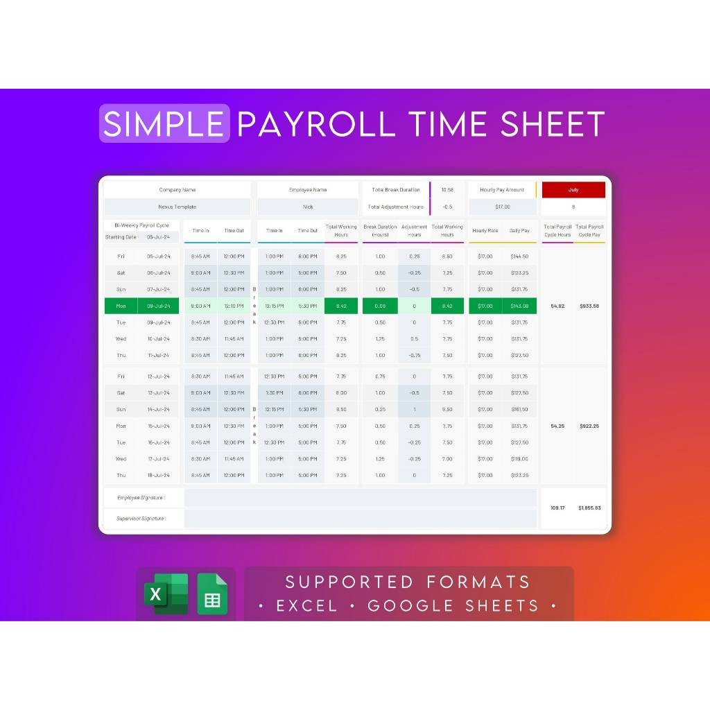 Jual Payroll Timesheet Excel & Google Sheets | Employee Time Tracker ...