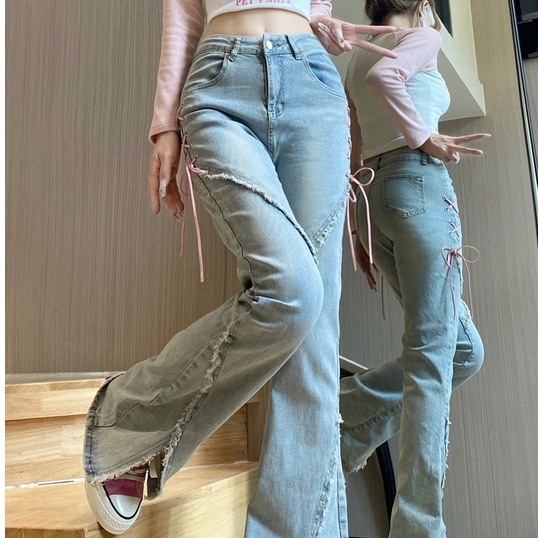 Jual Celana Jeans Renda Pinggang Tinggi Dengan Potongan Leg Flare/gaya ...