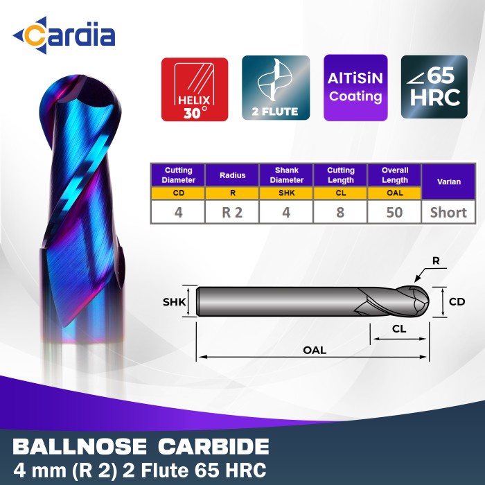 Jual Ballnose 4 mm R2 x 50 2F HRC65 Hard Cut Ball Nose End Mill Carbide ...