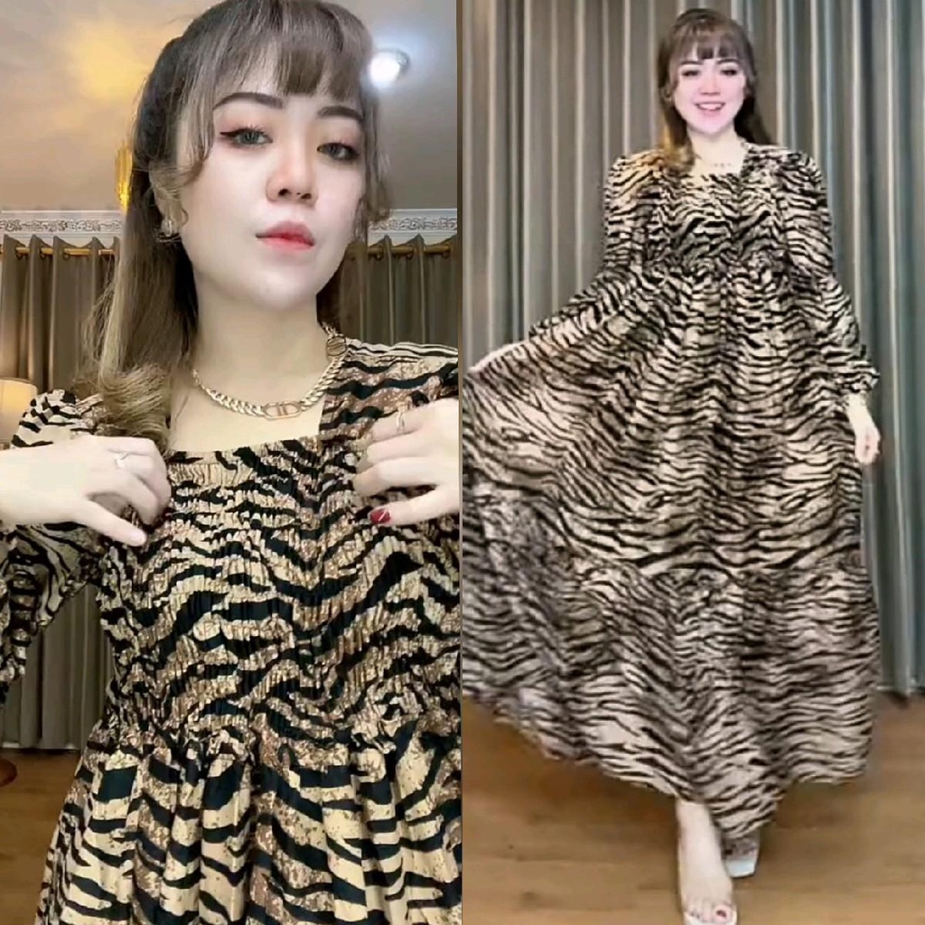 Jual Dress Wanita ZK Semuk Macan Zebra Rempel Lengan panjang Karet ...