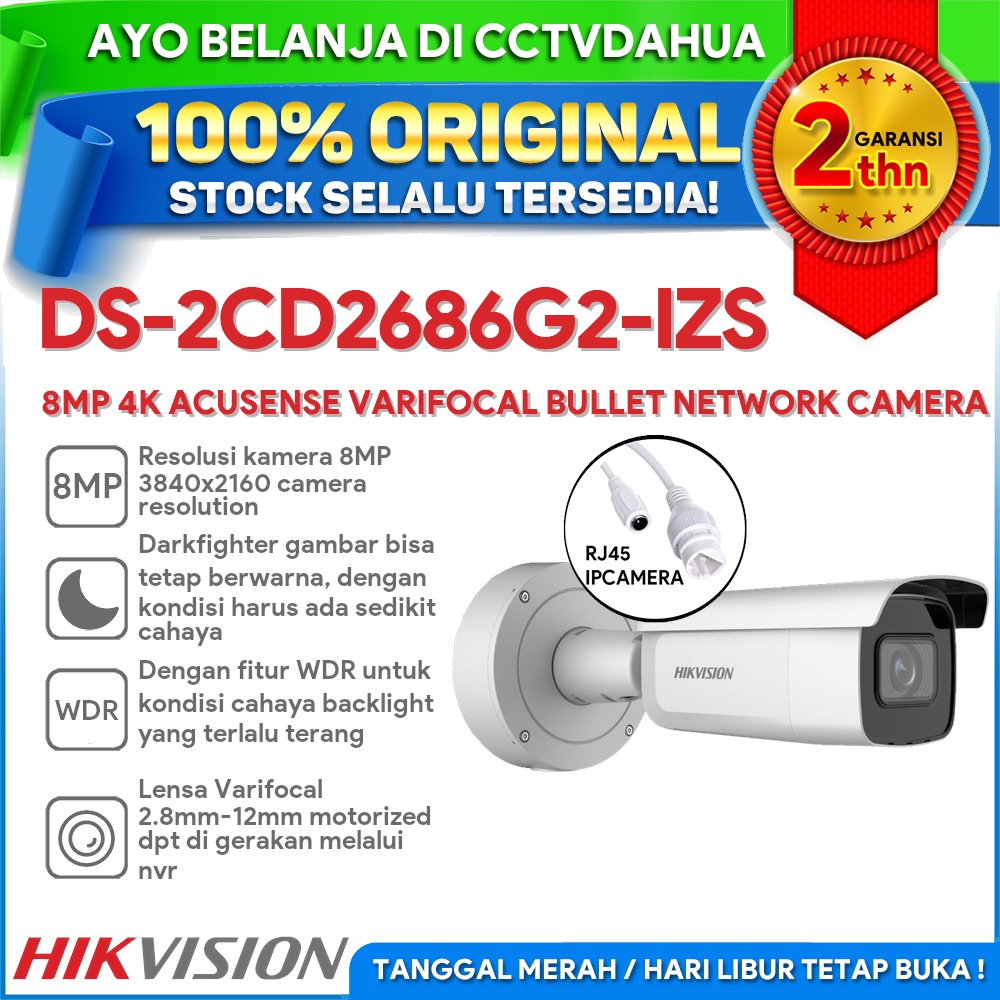 Jual HIKVISION DS-2CD2686G2-IZS 8MP 4K ACUSENSE VARIFOCAL BULLET IP CAMERA | Shopee Indonesia