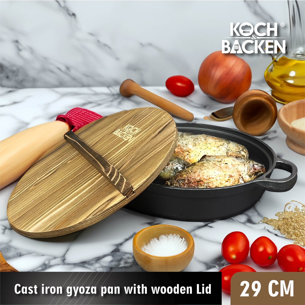 Jual KOCH&BACKEN Cast Iron Gyoza Pan with Wooden Lid - Sukiyaki Hotpot ...