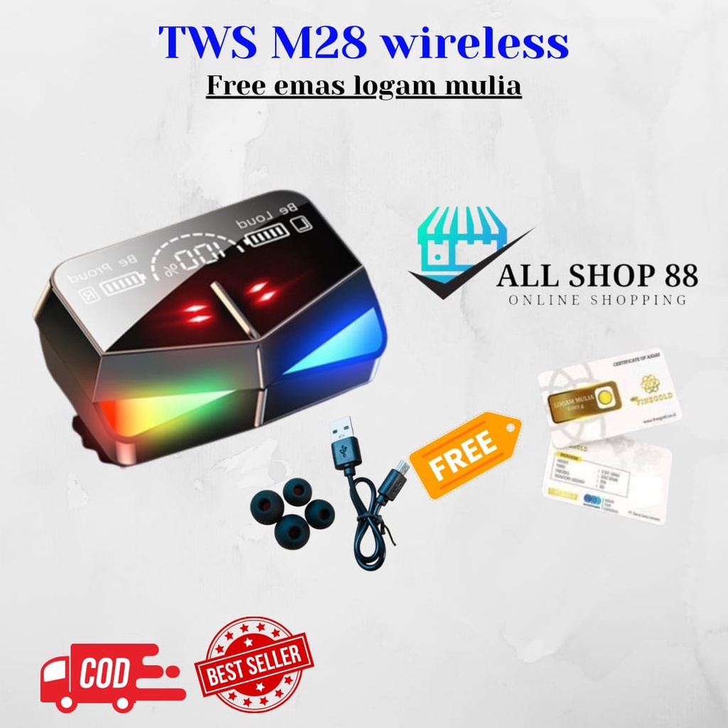 Jual TWS M28 LED FREE EMAS LOGAM MULIA - HEADSET BLUETOOTH WIRELESS ...