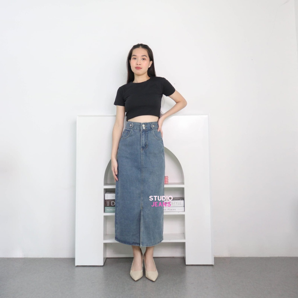 Jual X92 - Rok Jeans Wanita High Waist Korea Rok Jeans StudioJeans ...