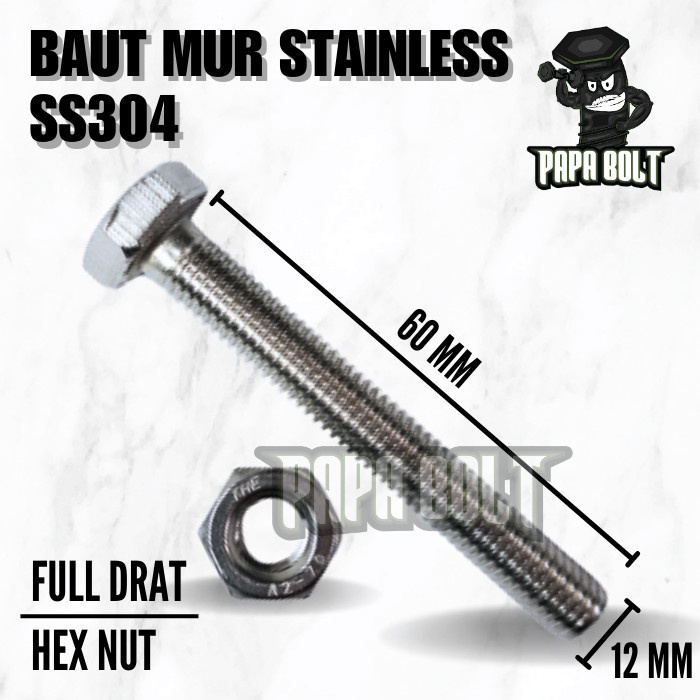 Jual Baut Mur Hex Stainless Steel 304 12x60 / M12 x 60 Kunci 19 P1.75 FT | Shopee Indonesia