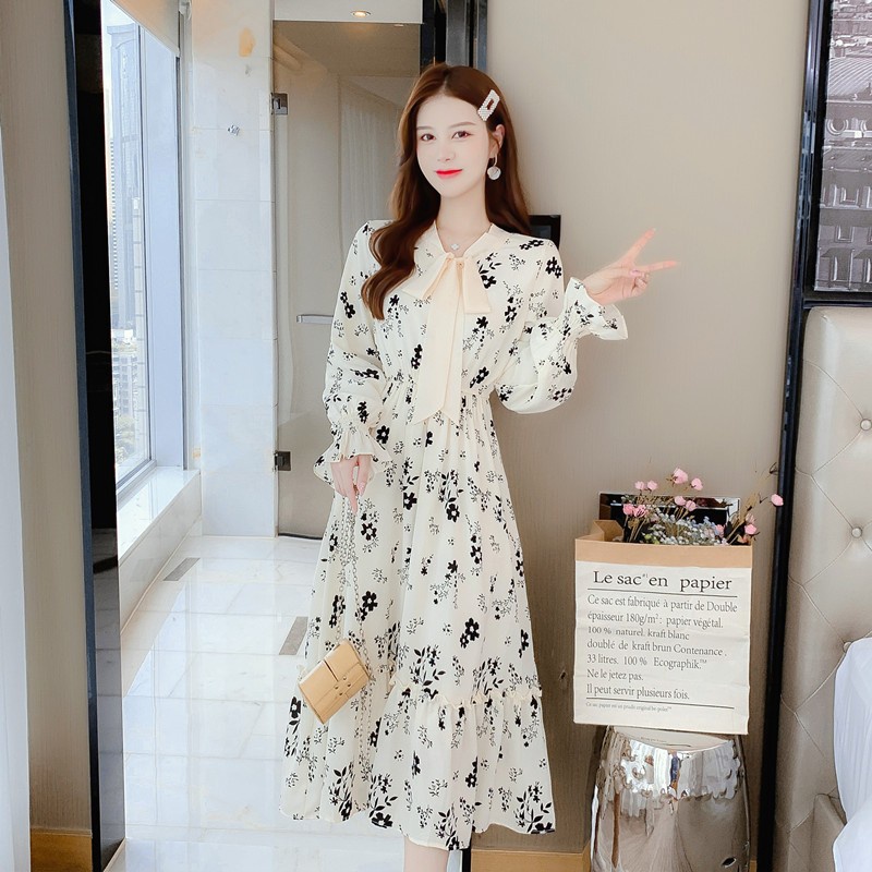 Jual FAN Gaun lengan panjang ramping bermotif bunga sifon Korea/dress ...