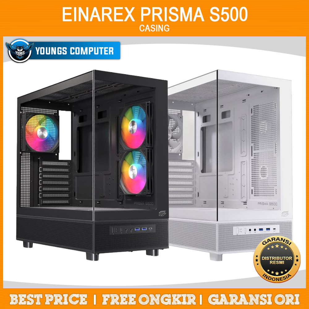 Jual CASE EINAREX PRISMA S500 - ATX Type-C 2x 12cm Reverse + 1x12cm ARGB Fan Casing Black ...