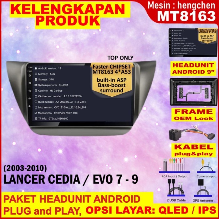 Jual Headunit Android MT8163 2/32GB QLED+ Frame 9 inch Lancer Cedia Evo ...