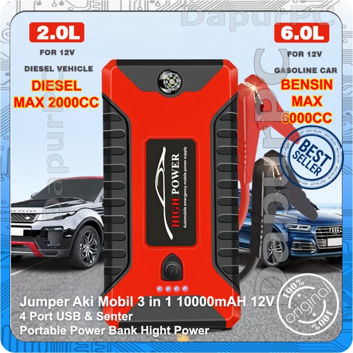 Jual Jumper Aki Mobil 10000mAH 12V 4 Port USB 3 in 1 Portable Power ...