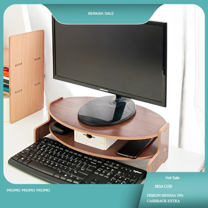 Jual Meja Oval Stand Tatakan Monitor Desktop Storage Organizer MDF ...