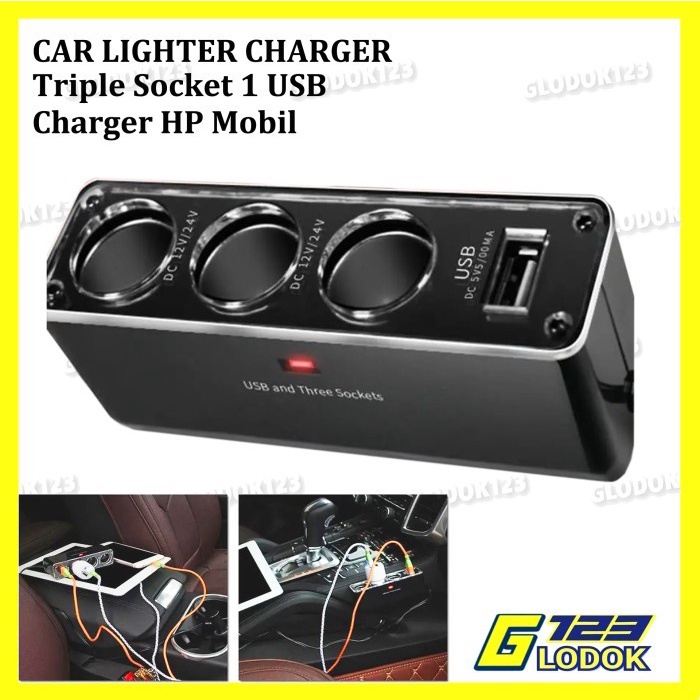 Jual 3 Way Car Cigarette Lighter Socket Splitter 1 USB Charger Mobil DC ...