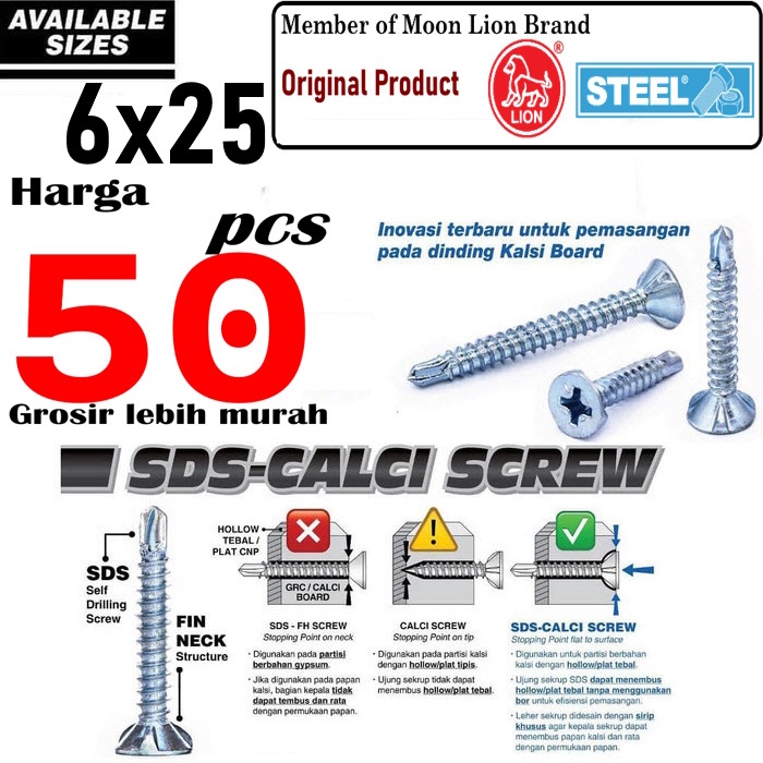 Jual x50pcs Sekrup GRC SDS FH 6x25 Moon Lion / Skrup Kalsiboard ...
