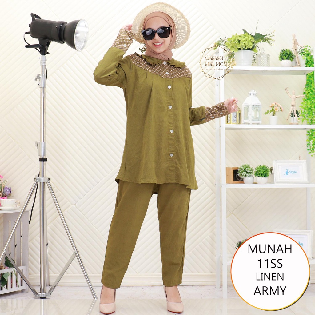 Jual Munah One Set Linen Brukat Kerah Korean Full Kancing | Shopee ...