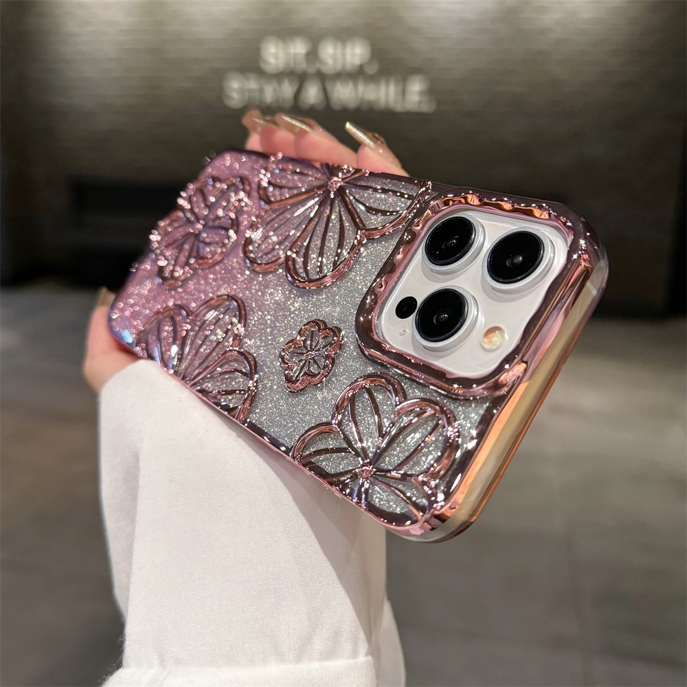 Jual Electroplated TPU gradient glitter 3D flower phone case for iPhone ...